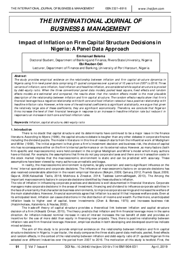 (PDF) Impact of Inflation on Firm Capital Structure Decisions in Nigeria: A Panel Data Approach