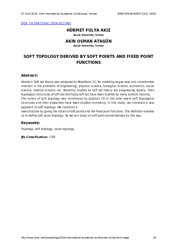 (PDF) Soft Topology Derived by Soft Points and Fixed Point Functions