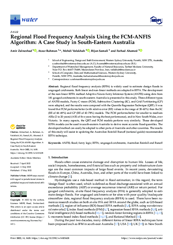 (PDF) Regional Flood Frequency Analysis Using the FCM-ANFIS Algorithm: A Case Study in South ...