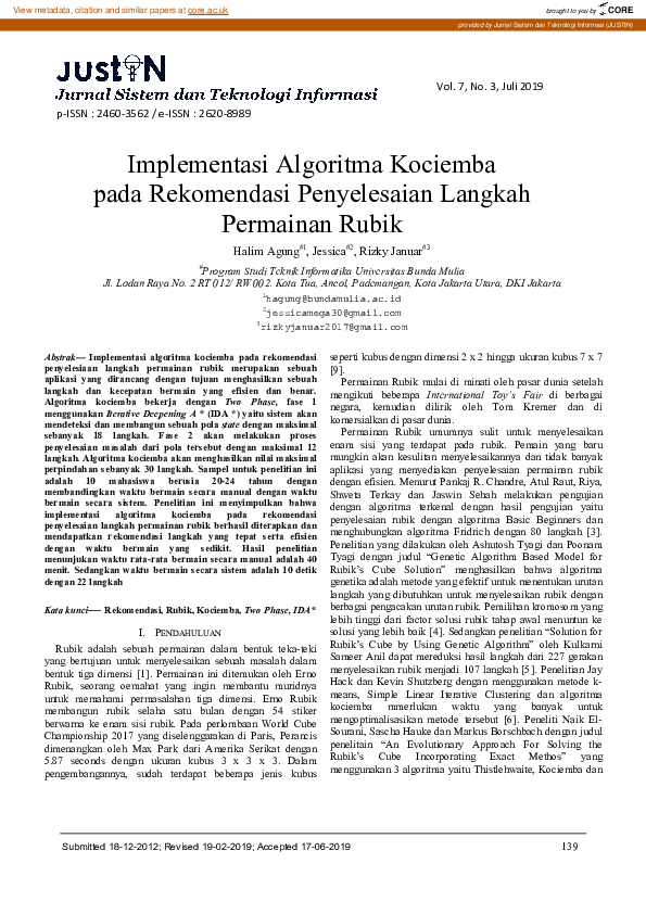 (PDF) Implementasi Algoritma Kociemba pada Rekomendasi Penyelesaian ...