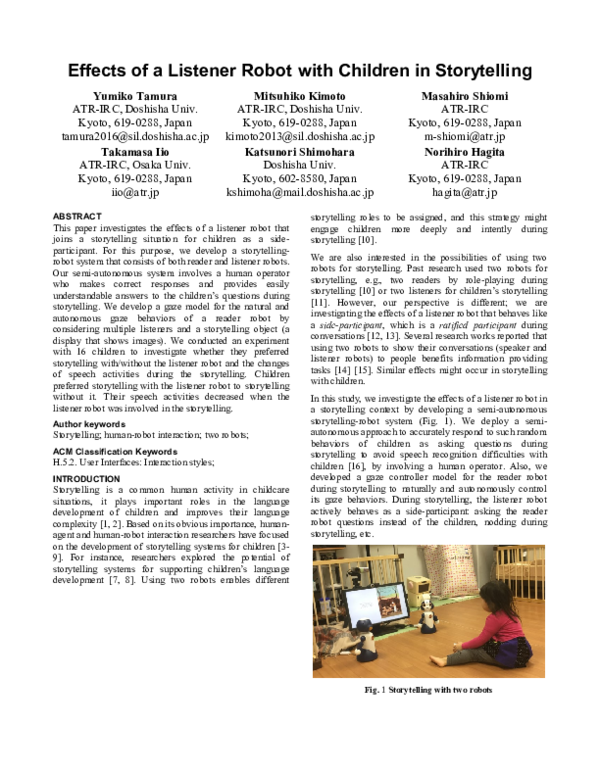 (PDF) Effects of a Listener Robot with Children in Storytelling