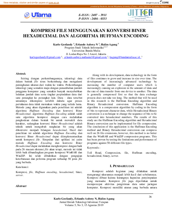 Pdf Kompresi File Menggunakan Konversi Biner Hexadecimal Dan Algoritma Huffman Encoding