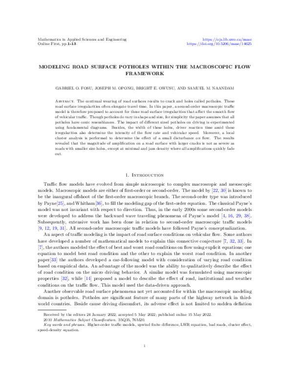 Pdf Modeling Road Surface Potholes Within The Macroscopic Flow Framework