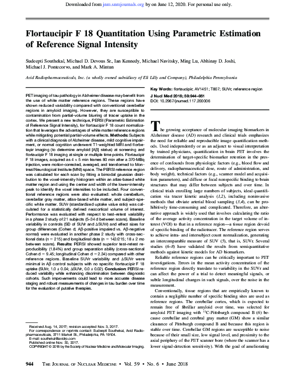(PDF) Flortaucipir F 18 Quantitation Using Parametric Estimation of Reference Signal Intensity