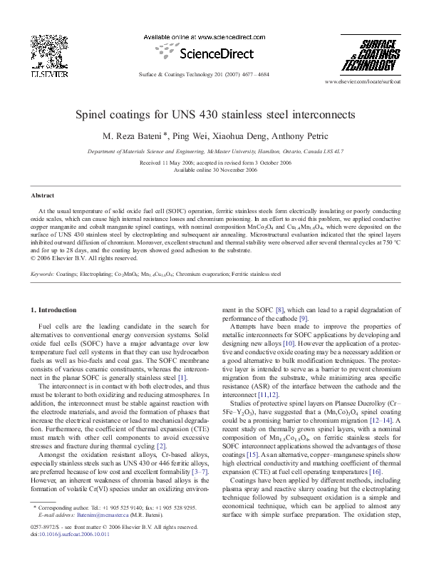 (PDF) Spinel coatings for UNS 430 stainless steel interconnects