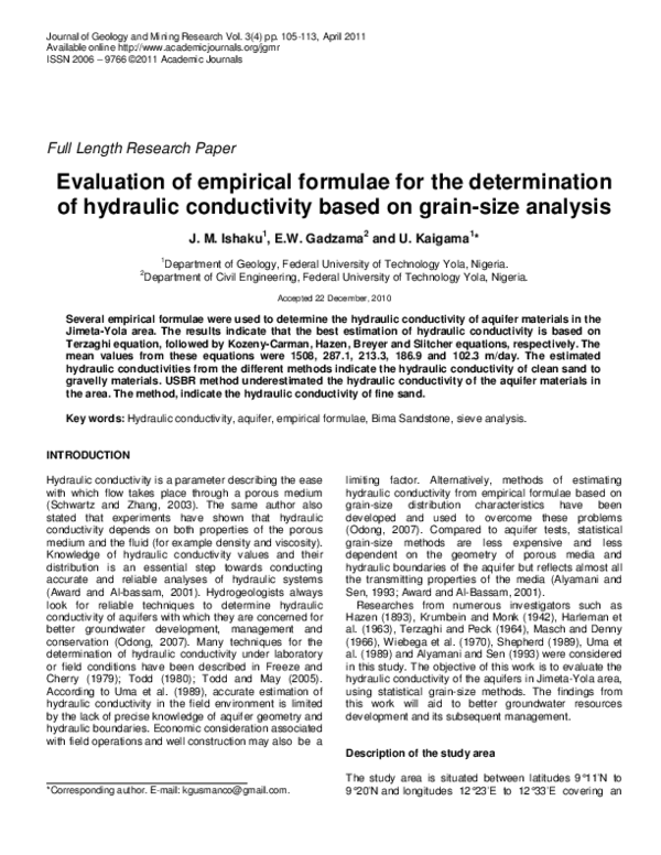 Pdf Evaluation Of Empirical Formulae For The Determination Of Hydraulic Conductivity Based On