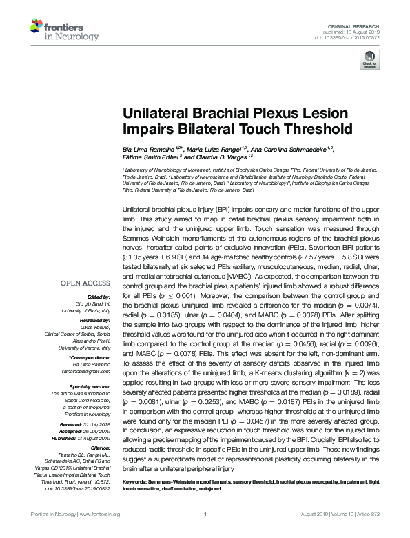 (PDF) Unilateral Brachial Plexus Lesion Impairs Bilateral Touch Threshold