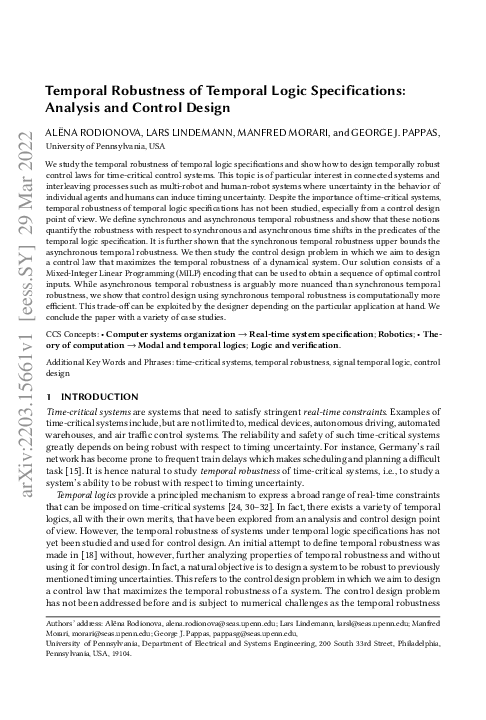 Pdf Temporal Robustness Of Temporal Logic Specifications Analysis And Control Design