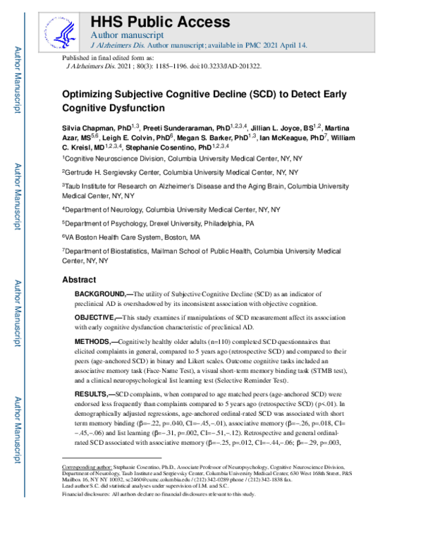 (PDF) Optimizing Subjective Cognitive Decline to Detect Early Cognitive ...