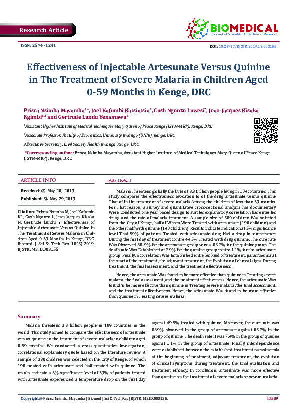 (PDF) Effectiveness of Injectable Artesunate Versus Quinine in The ...