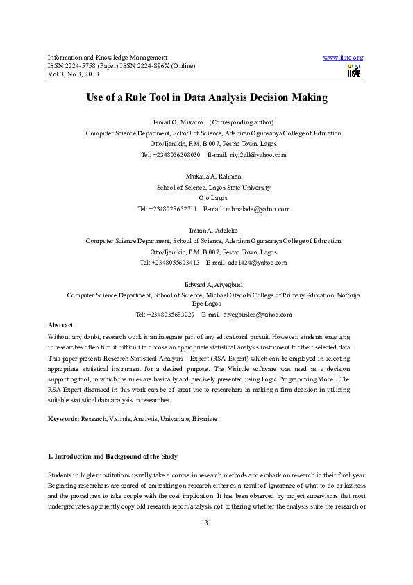 (PDF) Use of a Rule Tool in Data Analysis Decision Making | Ajisafe Karonwi - Academia.edu