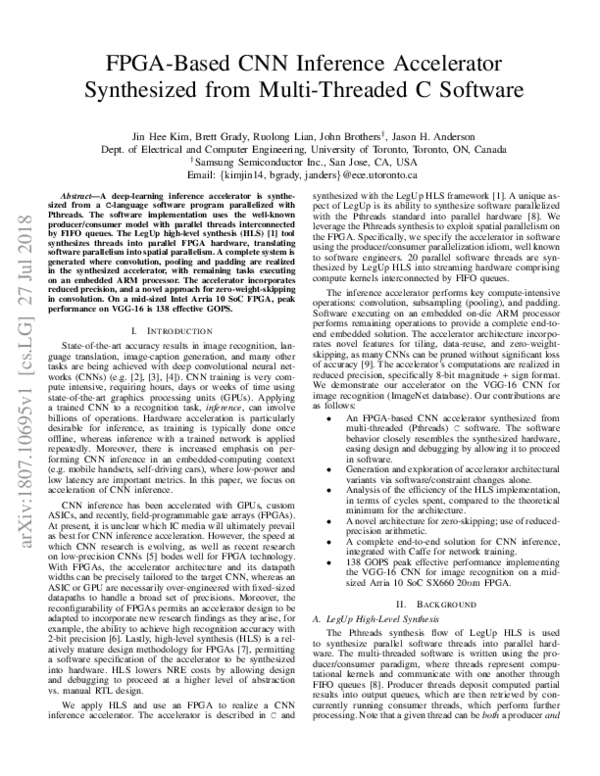 Pdf Fpga Based Cnn Inference Accelerator Synthesized From Multi Threaded C Software
