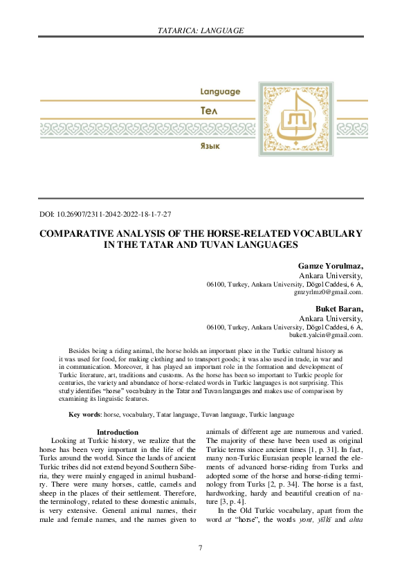 (PDF) COMPARATIVE ANALYSIS OF THE HORSE-RELATED VOCABULARY IN THE TATAR ...