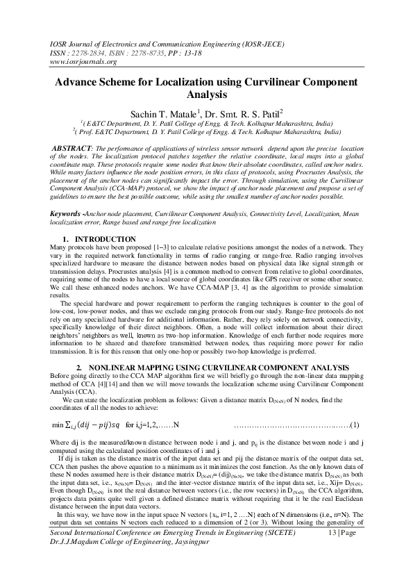 Pdf Scheme For Localization Using Curvilinear Component Analysis