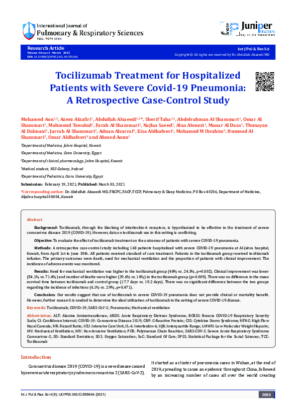 (PDF) Tocilizumab Treatment for Hospitalized Patients with Severe Covid-19 Pneumonia: A ...