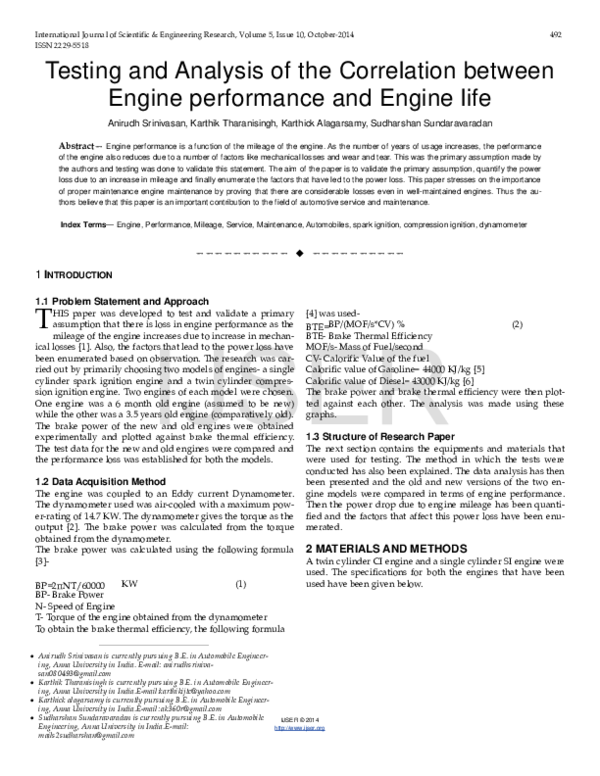 (PDF) Testing and Analysis of the Correlation between Engine ...
