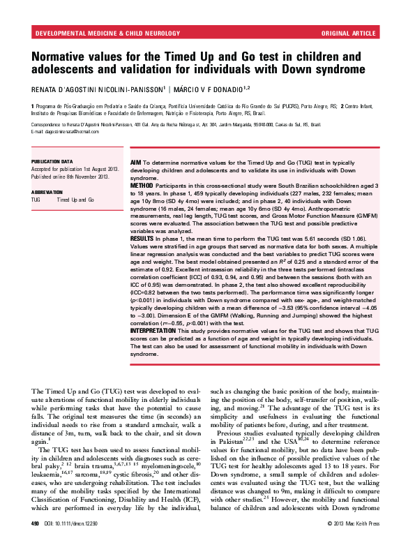 (PDF) Normative values for the Timed ‘Up and Go’ test in children and ...