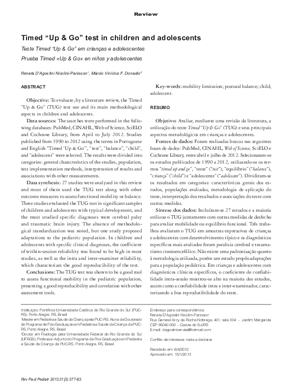 (PDF) Timed "Up & Go" test in children and adolescents