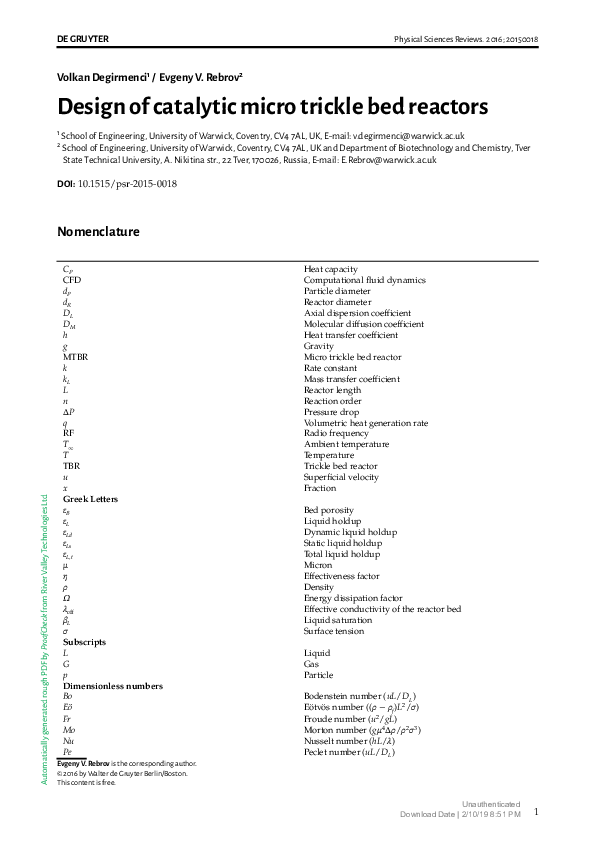 (PDF) Design of catalytic micro trickle bed reactors | Evgeny Rebrov ...