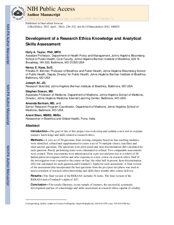 (PDF) Development of a research ethics knowledge and analytical skills ...