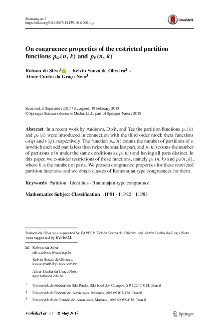 (PDF) On congruence properties of the restricted partition functions $$p_{\omega }(n,k)$$ p ω ...