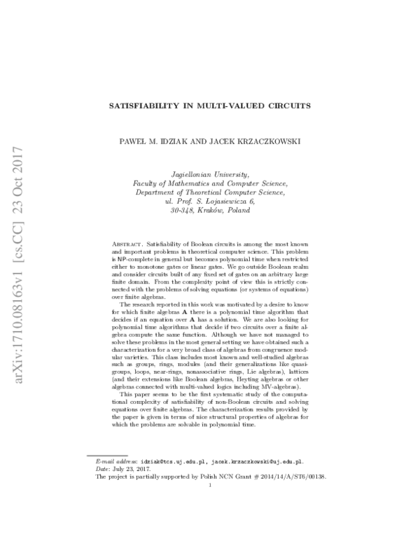(PDF) Satisfiability in multi-valued circuits