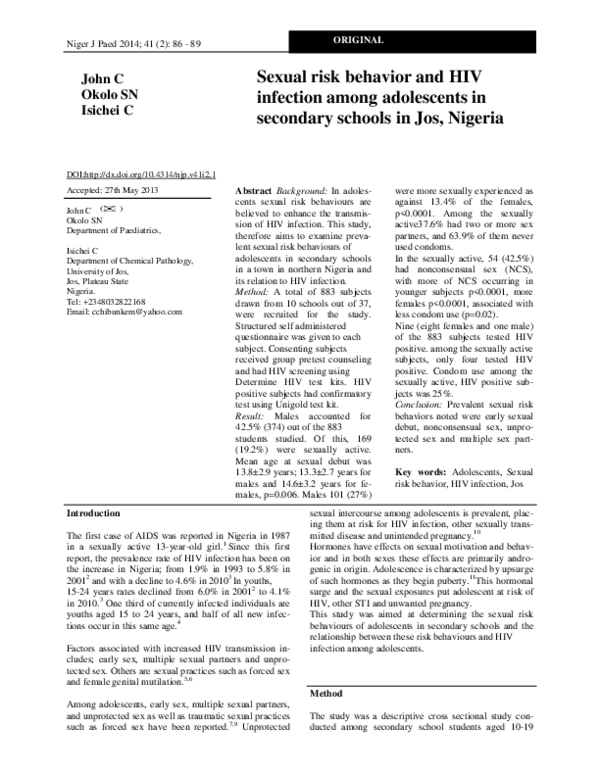 Pdf Sexual Risk Behavior And Hiv Infection Among Adolescents In 3651