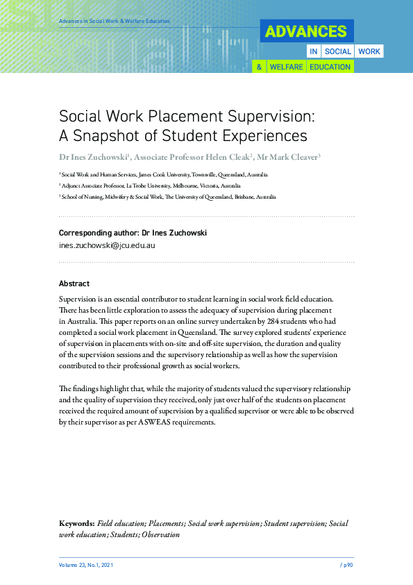(PDF) Social Work Placement Supervision a Snapshot of Student Experiences