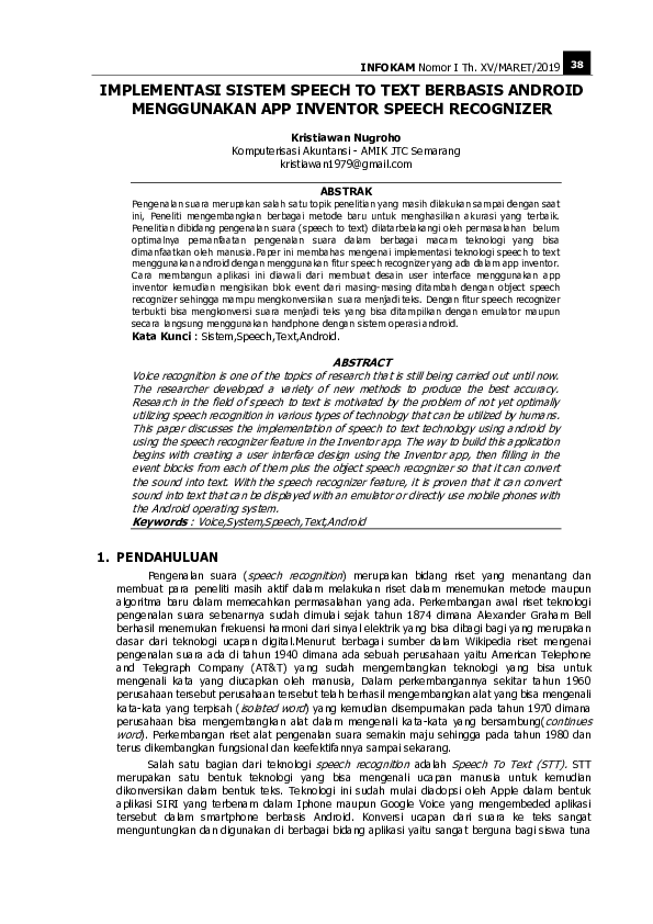 (PDF) Implementasi Sistem Speech to Text Berbasis Android Menggunakan App Inventor Speech Recognizer