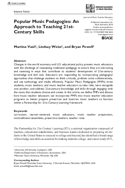 (PDF) Popular Music Pedagogies: An Approach to Teaching 21st-Century Skills
