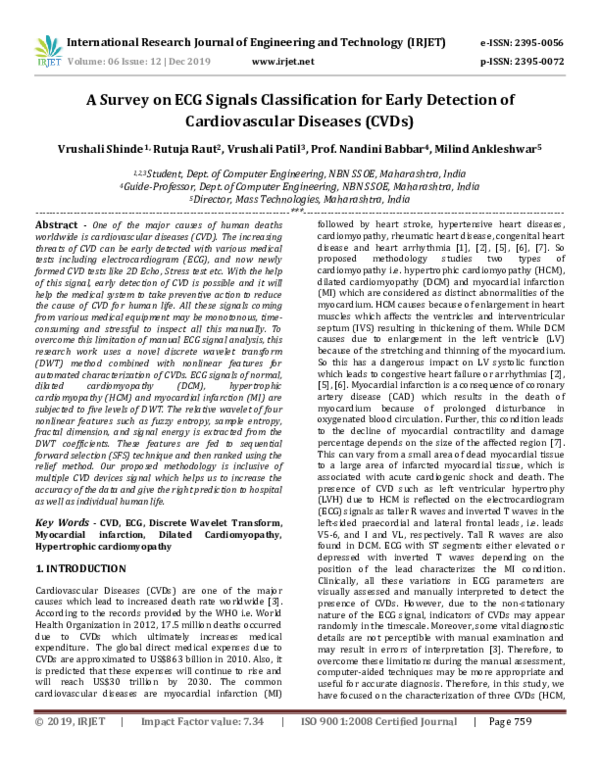 Pdf A Survey On Ecg Signals Classification For Early Detection Of Cardiovascular Diseases Cvds