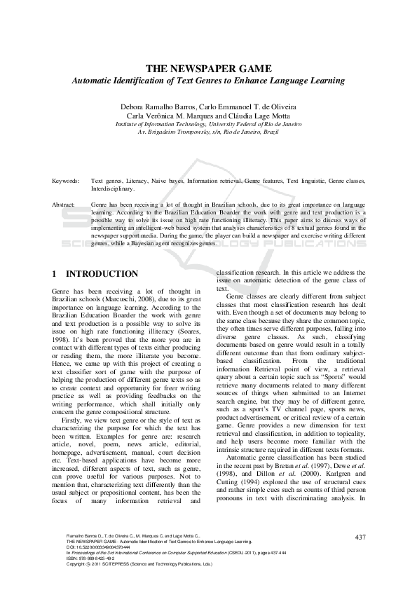 (PDF) THE NEWSPAPER GAME - Automatic Identification of Text Genres to ...