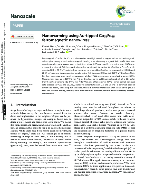 (PDF) Nanowarming using Au-tipped Co35Fe65 ferromagnetic nanowires | Ibro Tabakovic - Academia.edu