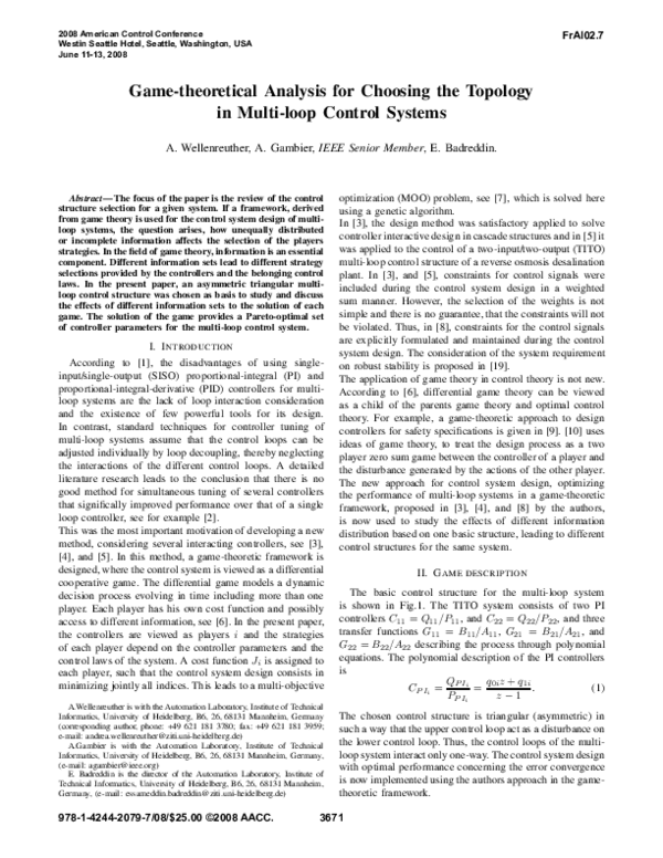 Pdf Game Theoretical Analysis For Choosing The Topology In Multi Loop Control Systems
