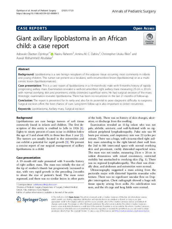 (PDF) Giant axillary lipoblastoma in an African child: a case report