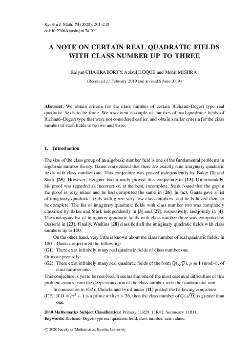 (PDF) A Note on Certain Real Quadratic Fields with Class Number Up to Three