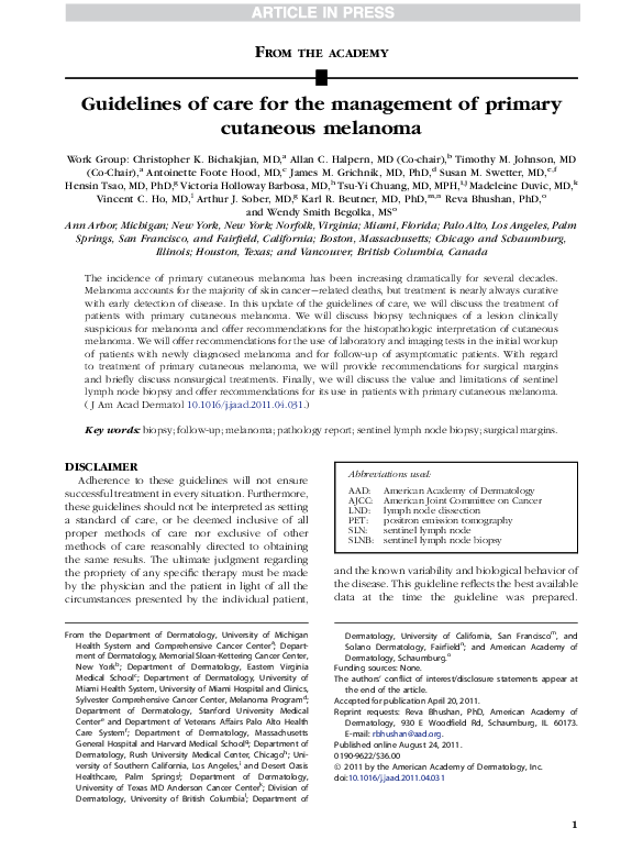 (PDF) Management Guidelines for Cutaneous Melanoma