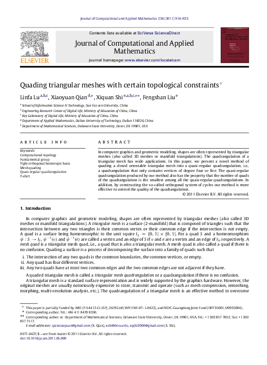 (PDF) Quading triangular meshes with certain topological constraints