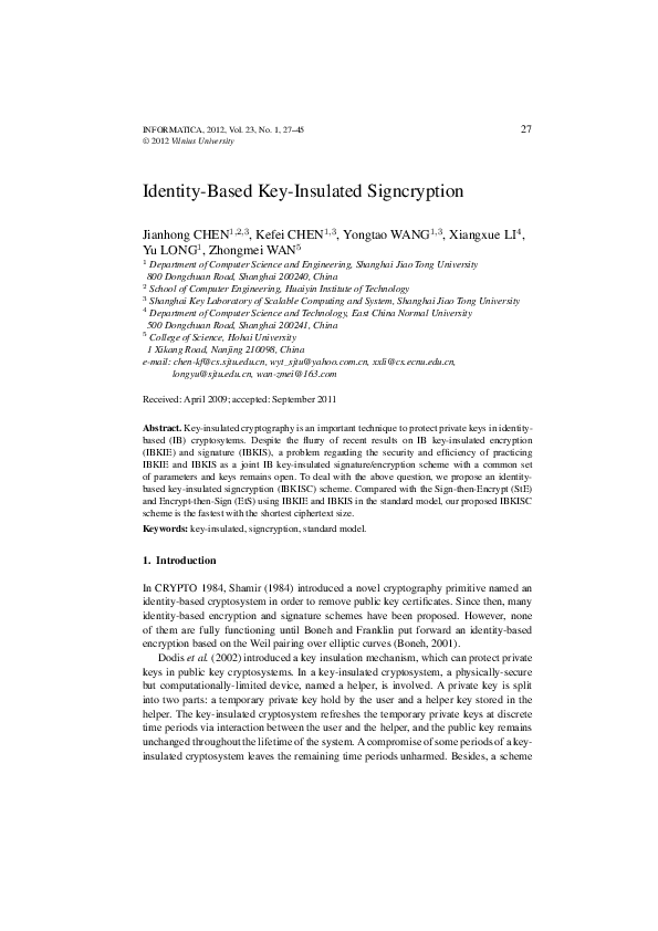 Pdf Identity Based Key Insulated Signcryption Yongtao Wang
