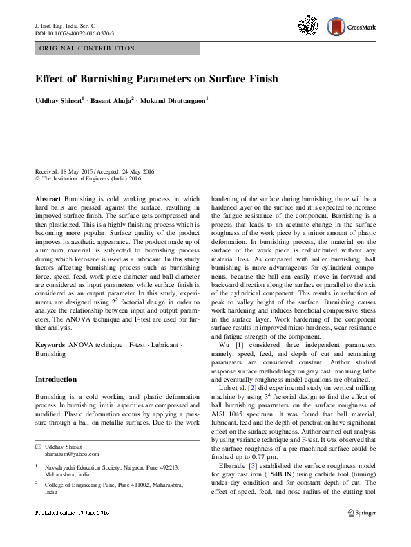 (PDF) Effect of Burnishing Parameters on Surface Finish