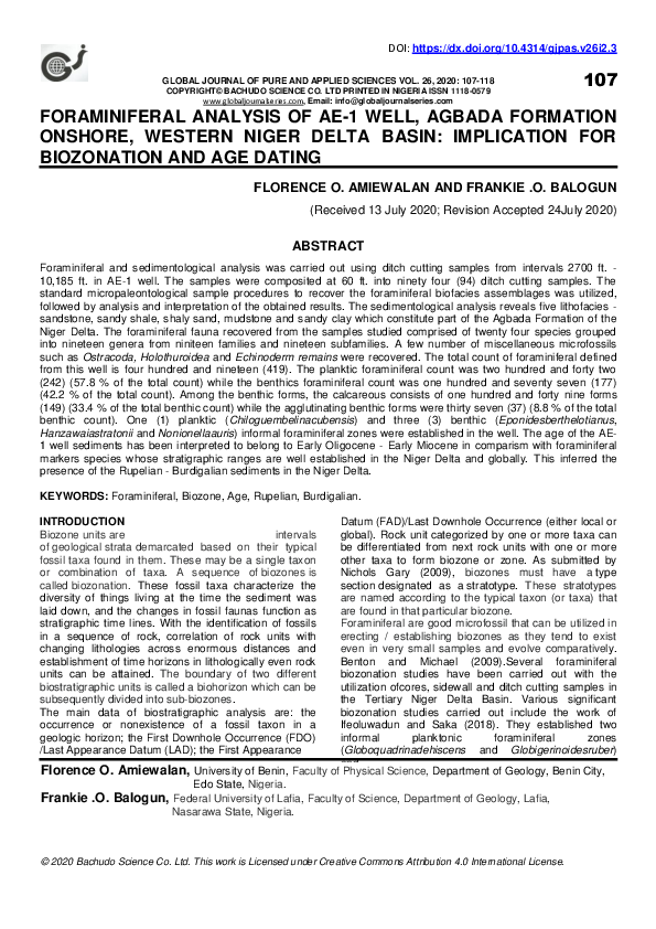 (PDF) Foraminiferal analysis of AE-1 well, Agbada formation Onshore ...