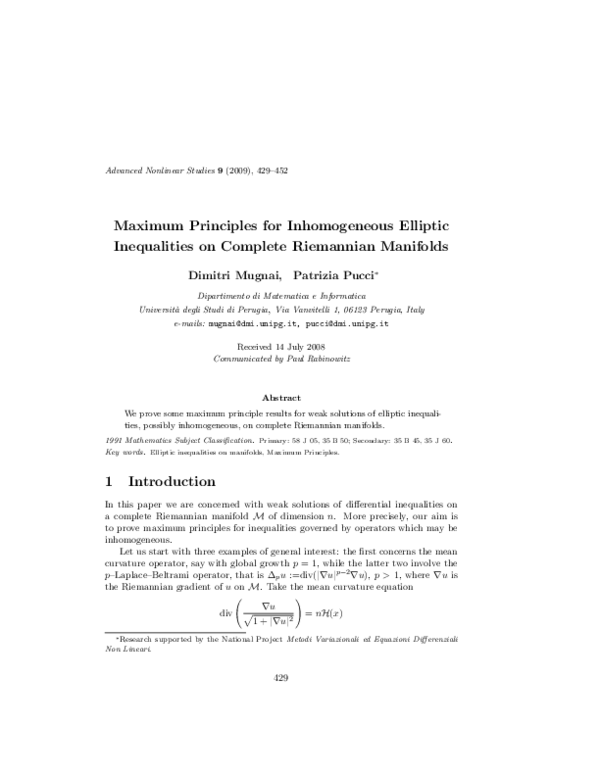 (PDF) Maximum Principles for Inhomogeneous Elliptic Inequalities on Complete Riemannian Manifolds