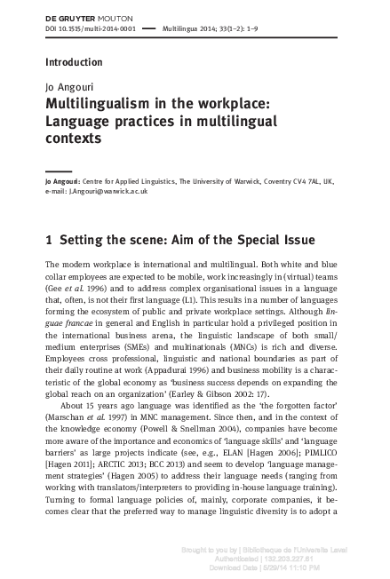 (PDF) Multilingualism in the workplace: Language practices in ...