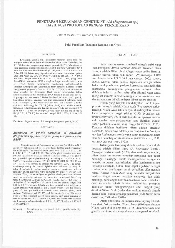 (PDF) PENETAPAN KERAGAMAN GENETIK NILAM (Pogostemon sp.) HASIL FUSI ...