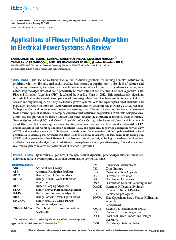 (PDF) Applications of Flower Pollination Algorithm in Electrical Power Systems: A Review