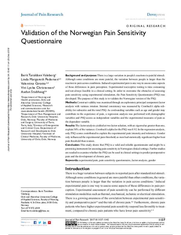 (PDF) Validation of the Norwegian Pain Sensitivity Questionnaire
