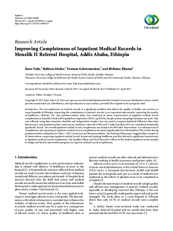 (PDF) Improving Completeness of Inpatient Medical Records in Menelik II ...