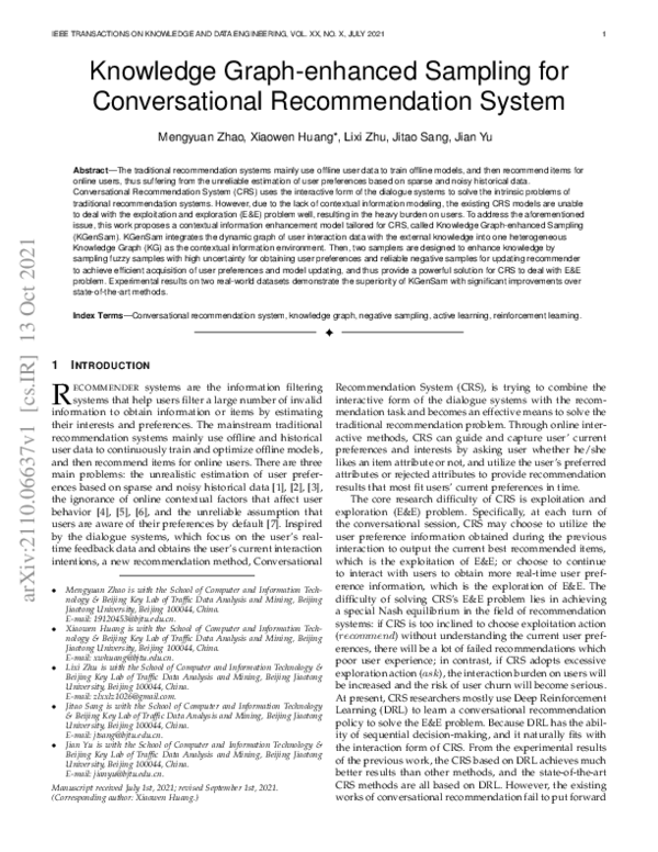 (PDF) Knowledge Graph-enhanced Sampling for Conversational Recommender System