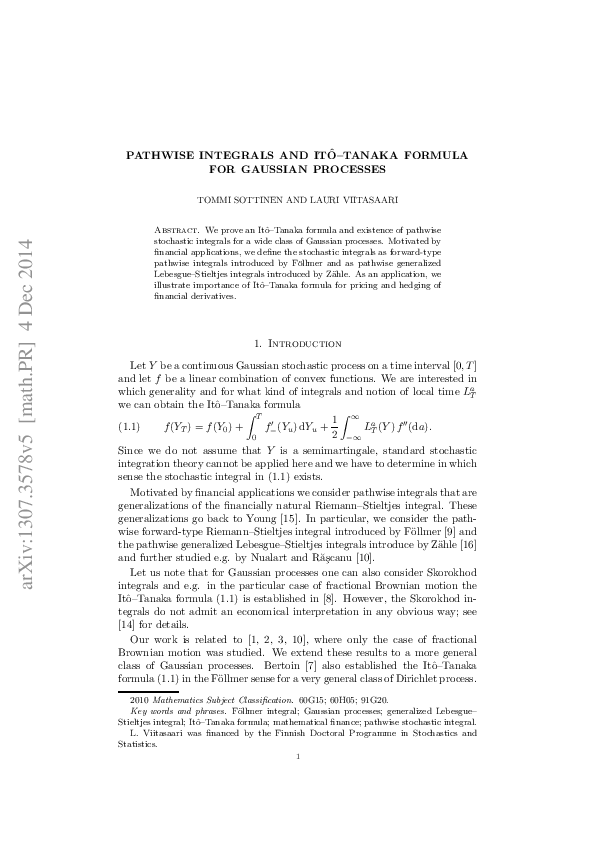 (PDF) Pathwise Integrals and Itô–Tanaka Formula for Gaussian Processes ...