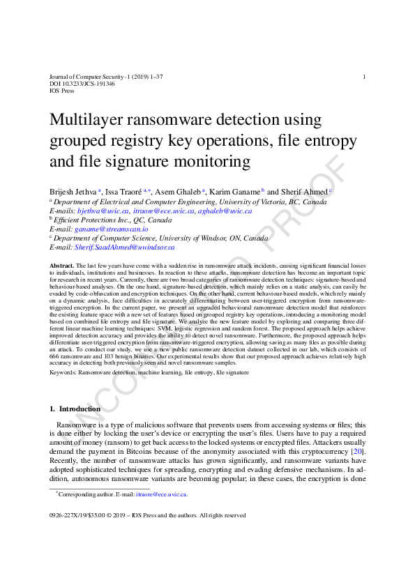 (PDF) Multilayer ransomware detection using grouped registry key operations, file entropy and ...